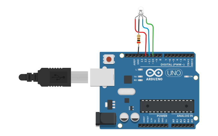 Circuit design Programación de colores con un LED RGB - Tinkercad