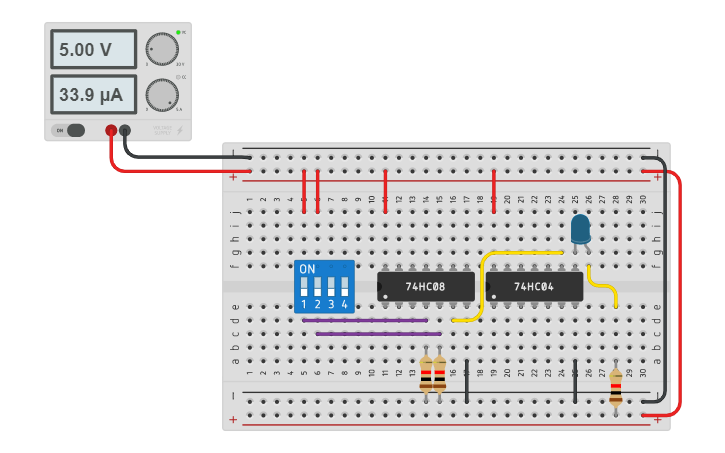 Circuit design Porta lógica NAND (CI 74HC08 + 74HC04) - Tinkercad