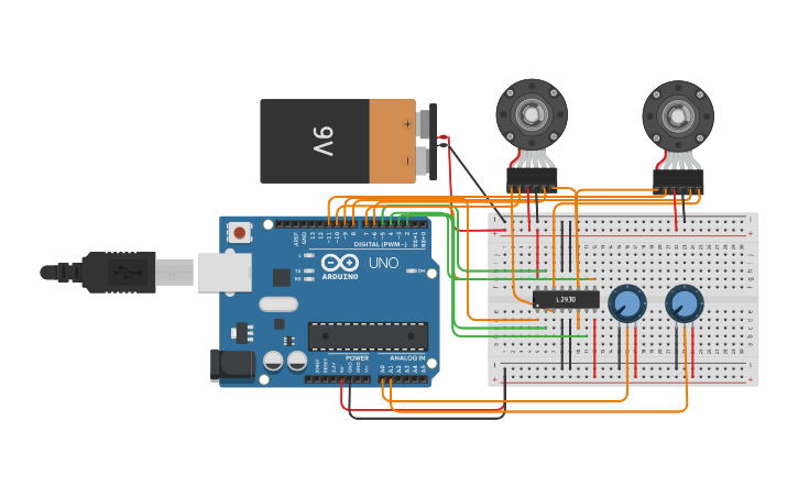 Circuit design 2 wheel diffrential drive - Tinkercad