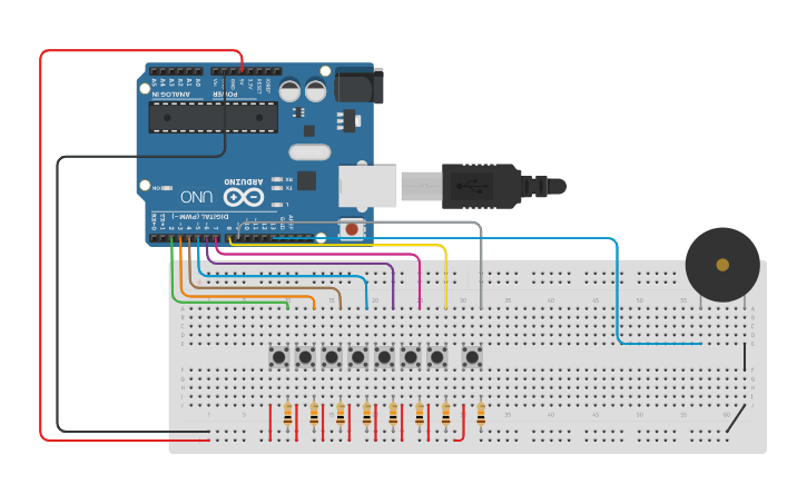 Circuit design Lab 5 Activity 2. Arduino piano with buzzer and push buttons - Tinkercad