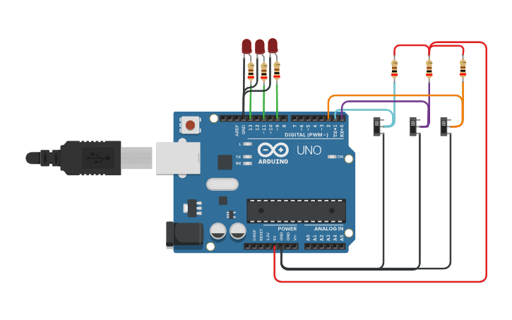 Circuit Design 3 Interruptores Sequenciais Tinkercad