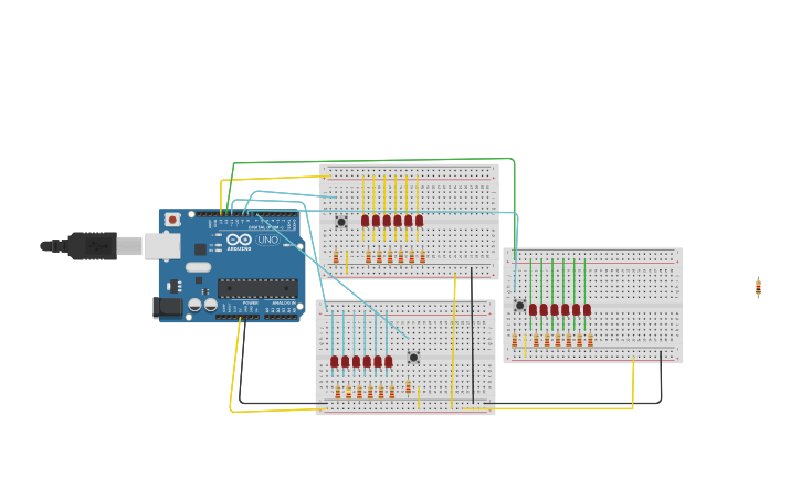 Circuit design 18 leds y 3 botones - Tinkercad