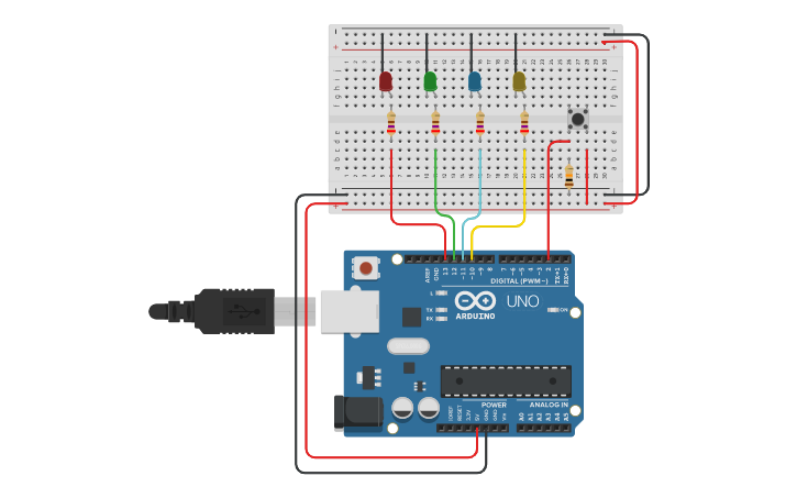 Circuit design Switch a 4 vie simulato con Arduino - Tinkercad