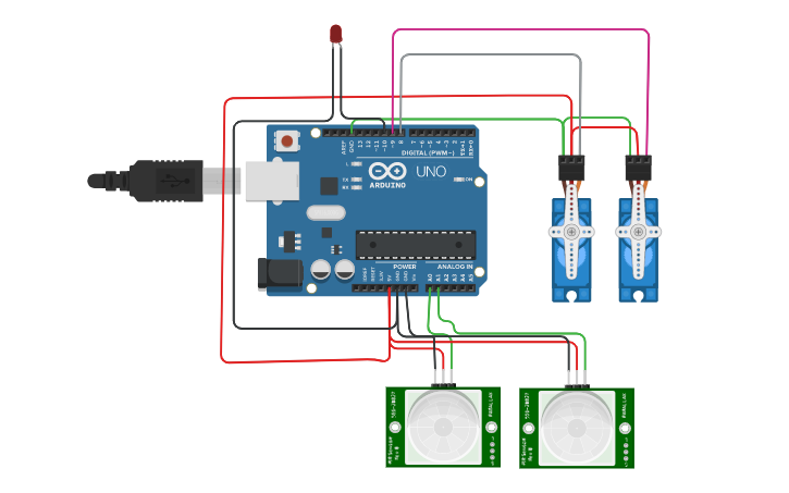 Circuit design ARDUINO PET FEEDER ( 2 servo 2 sensor) - Tinkercad