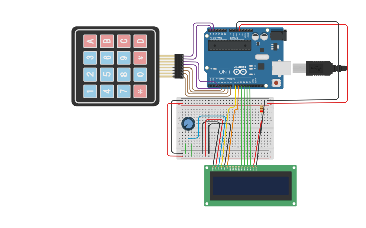 Circuit design calculadora con Arduino Uno y LCD 16x2 - Tinkercad