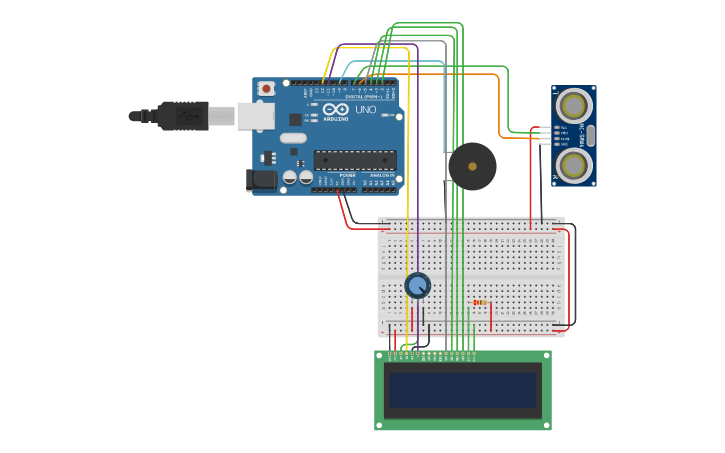 Circuit Design Social Distancing Using Ultrasonic Sensor Tinkercad