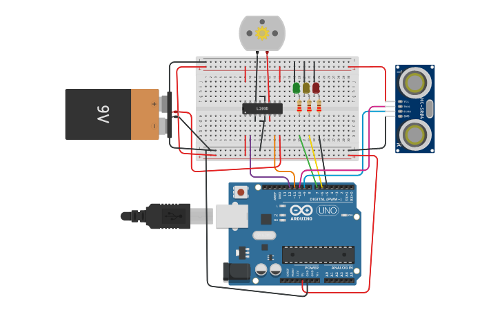 Circuit design sensor ultrasonido con puente H - Tinkercad