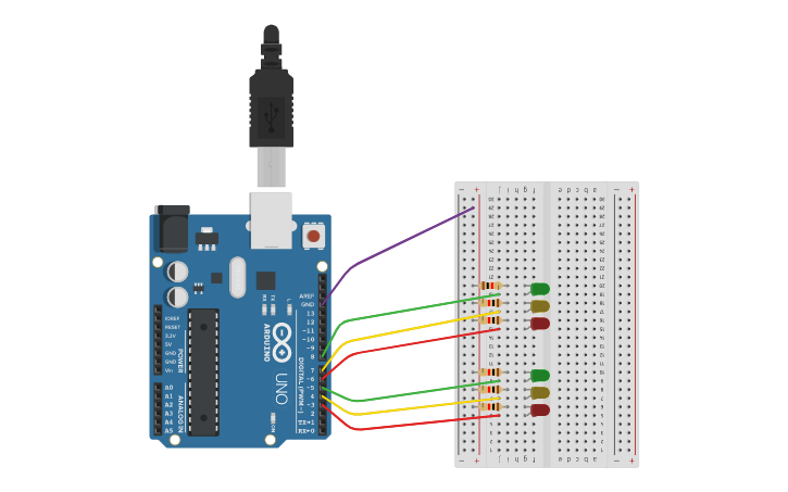 Circuit design cruce con dos semáforos. - Tinkercad