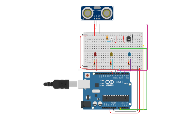 Circuit design ELCC 464 Three sensors and LEDs | Tinkercad