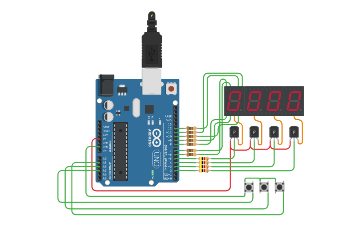 Circuit design 4 digit 7 segment code - Tinkercad