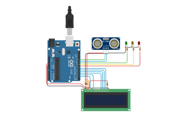 Circuit design SUGESTÃO DE PROJETO - SENSOR HC-SR04 + DISPLAY LCD | Tinkercad