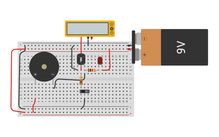 Circuit design 1 PNP transistor BC557 led , buzzer - Tinkercad