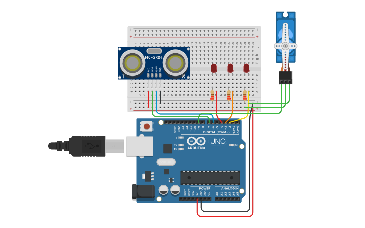 Circuit design Copy of Ultrasonic Distance Sensor LED | Tinkercad