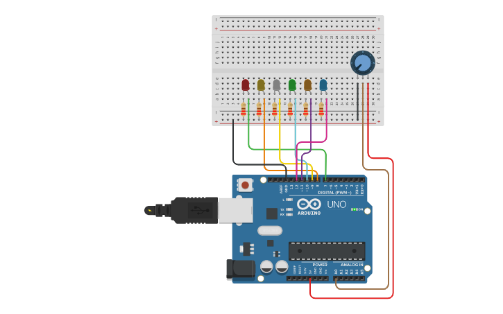 Circuit design LEDs con potenciómetro - Tinkercad