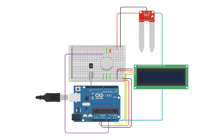 Circuit design LCD I2C ,Temp,moist,gad - Tinkercad
