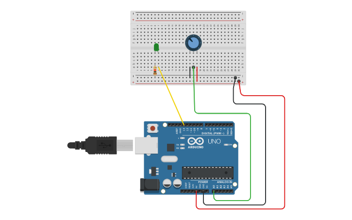 Circuit design 004 Potentiometer Control the Blinking of a LED | Tinkercad