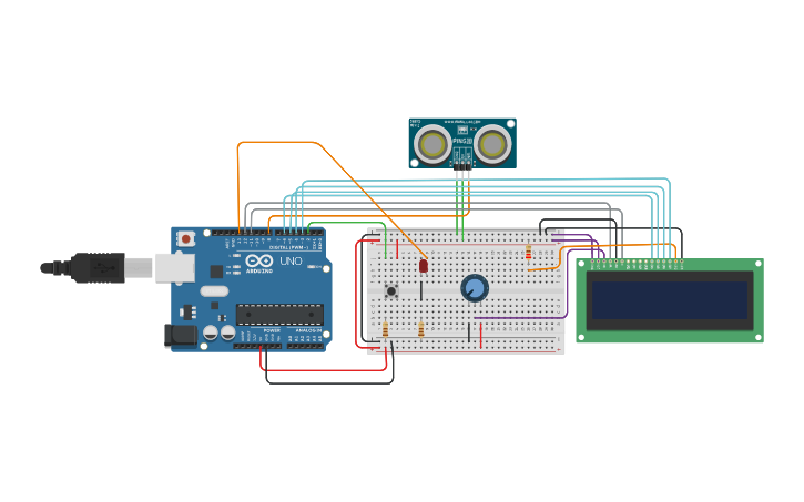 Circuit design Sensor de distancia con pulsador - Tinkercad