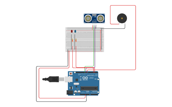 Circuit design Sensor ultrasónico con Buzzer - Tinkercad