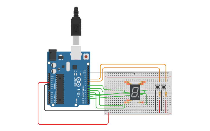 Circuit design Display de 7 segmentos | Tinkercad