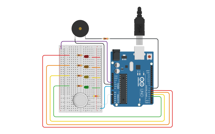 Circuit design Gas Sensor with LED and Piezo alert - Tinkercad