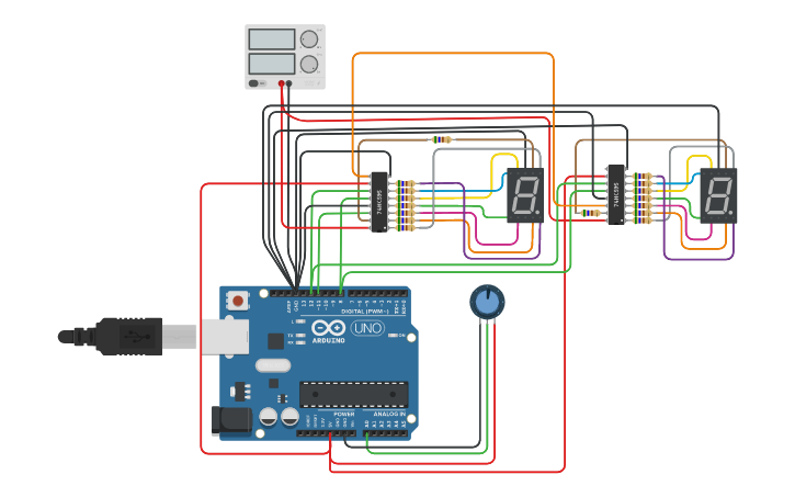 Circuit design Prueba Shift Register + Display de 7 segmentos con Arduino | Tinkercad
