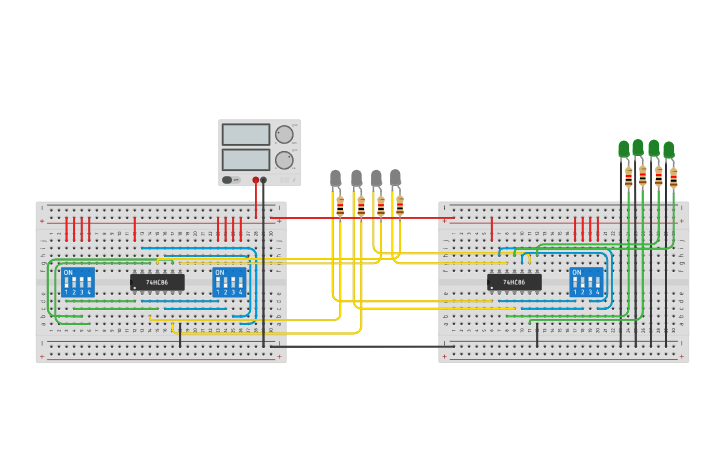 Circuit design 4-bit XOR cipher - Tinkercad