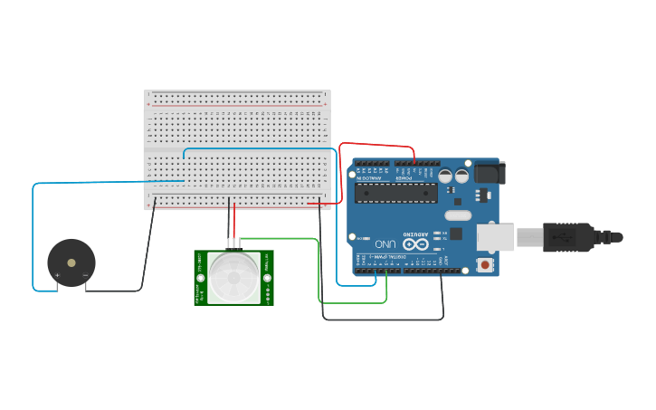 Circuit design alarma sensor PIR - Tinkercad