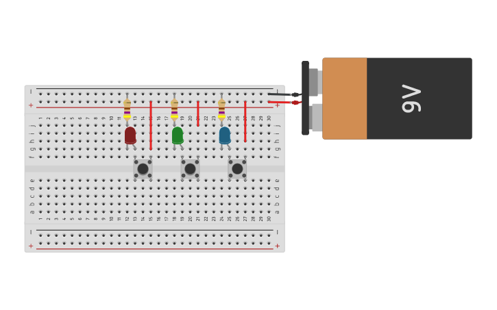 Circuit design Circuito con 3 LED y 3 pulsadores - Tinkercad Circuit design Circuito con 3 LED y 3 pulsadores - Tinkercad