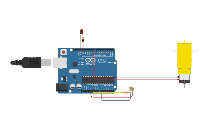 Circuit design PHOTORESISTOR CONTROLLED LED AND MOTOR - Tinkercad
