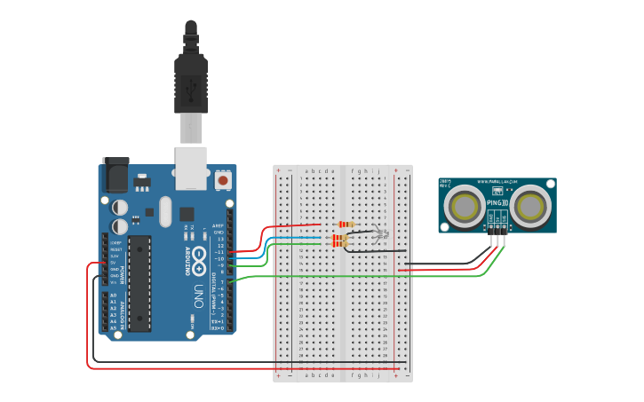 Circuit design Ultrasonic sensor with RGB - Tinkercad