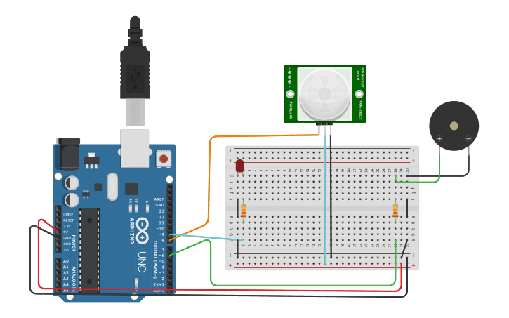 Circuit design Alarma sensor PIR | Tinkercad