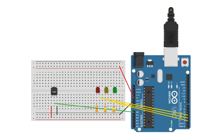 Circuit design Sensor de temperatura con LED - Tinkercad