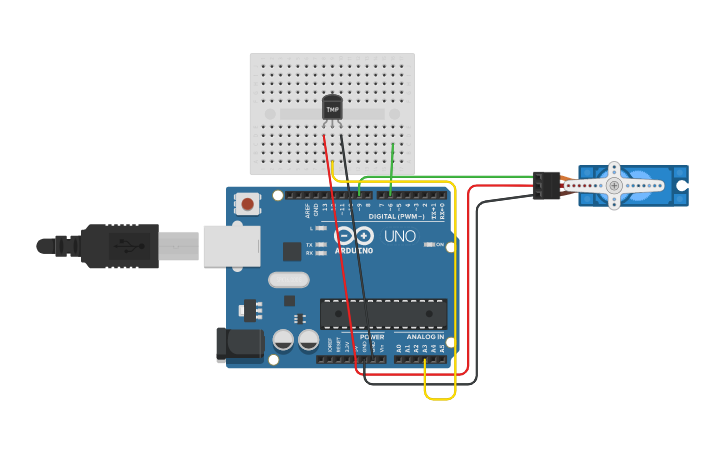 Circuit design Temp gauge servo | Tinkercad
