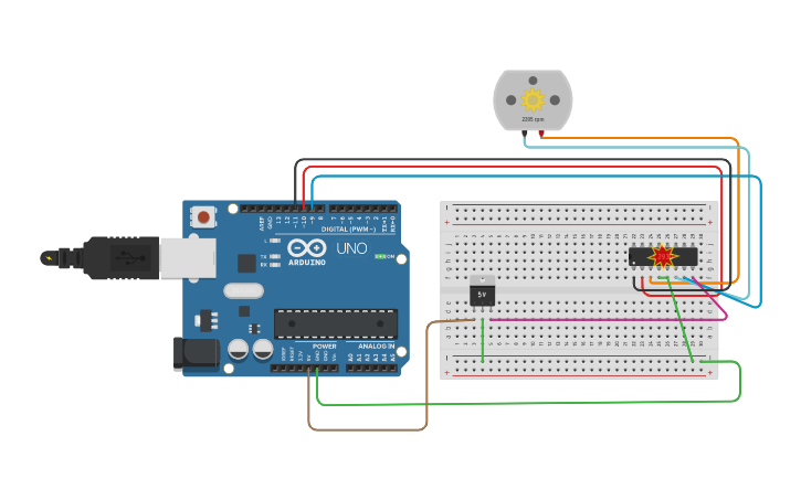 Circuit design Control DC Motor Speed using LM7805 and L293D | Tinkercad