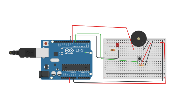 Circuit design BUZZER WITH LED AND PUSH BUTTON - Tinkercad