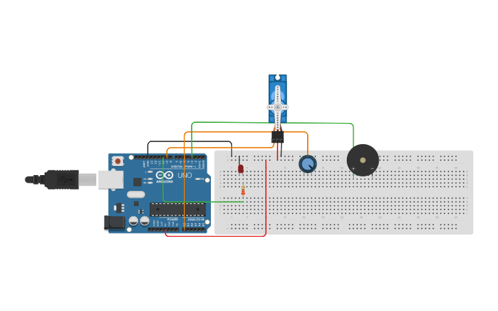 Circuit design Potentiometer with buzzer and LED - Tinkercad