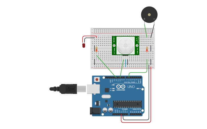 Circuit design Sensor PIR - Buzzer - Led - Tinkercad