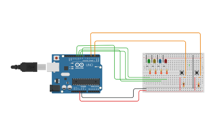 Circuit design PRACTICO N°1 Secuencia de 4 leds con pulsador - Tinkercad