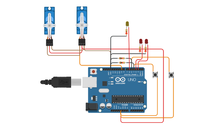 Circuit design Railway Crossing controls and lights - Tinkercad