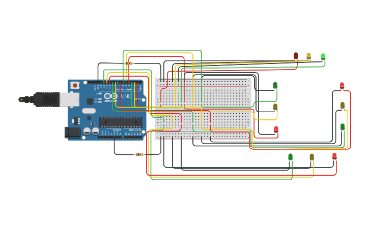 Circuit design Lampu lalu lintas 4 arah - Tinkercad