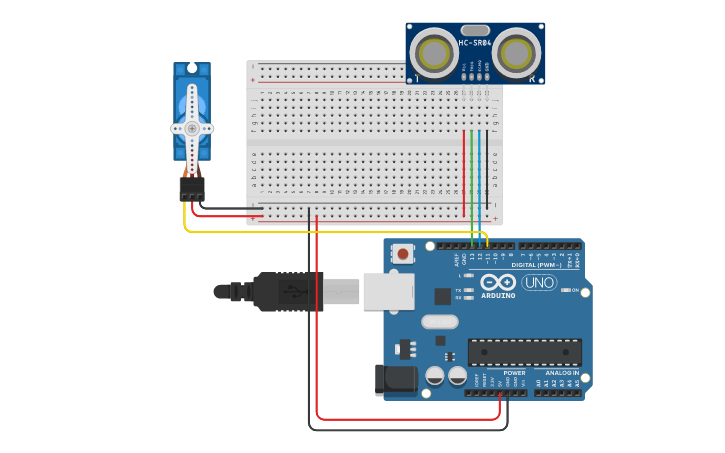 Circuit design Ultrasonic Sensor and Servo Example - Tinkercad