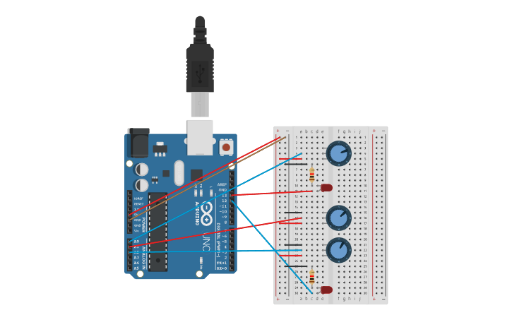 Circuit design EVALUACION 3 POTENCIOMETROS - Tinkercad