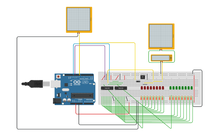 Circuit design Projeto 18 – Contador binário de 8 bits duplo - Tinkercad Circuit design Projeto 18 – Contador binário de 8 bits duplo - Tinkercad