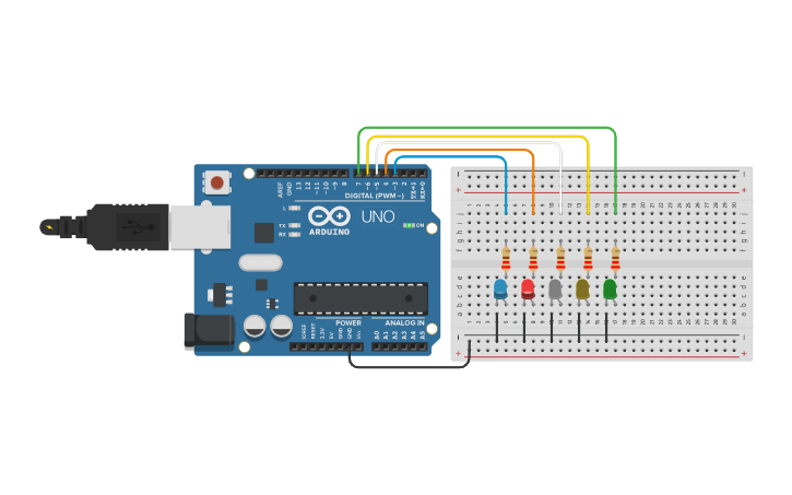 Circuit design Chenillard de 5 Leds avec Arduino avec code basique ...