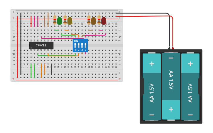 Circuit design 4 LED in IC 7408 - Tinkercad