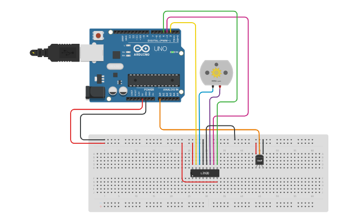 Circuit design Arduino, Bi-directional DC Motor, L293D IC and Temp ... Circuit design Arduino, Bi-directional DC Motor, L293D IC and Temp ...
