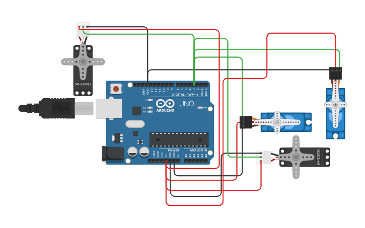 Circuit Design Rotate 4 Servo Motors Tinkercad