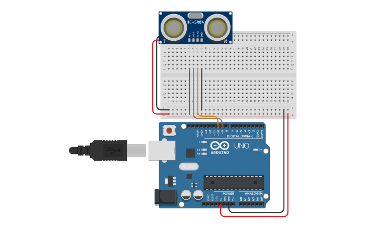 Circuit design ultrasonic range finder - Tinkercad
