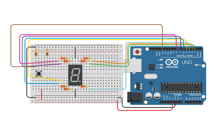 Circuit design Display 7 segmentos con pulsador - Tinkercad