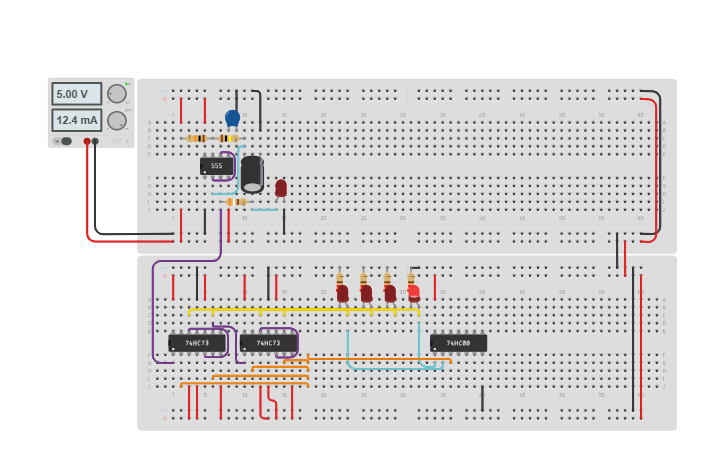 Circuit design mod 9 asynchronous counter with 74HC73 FF - Tinkercad